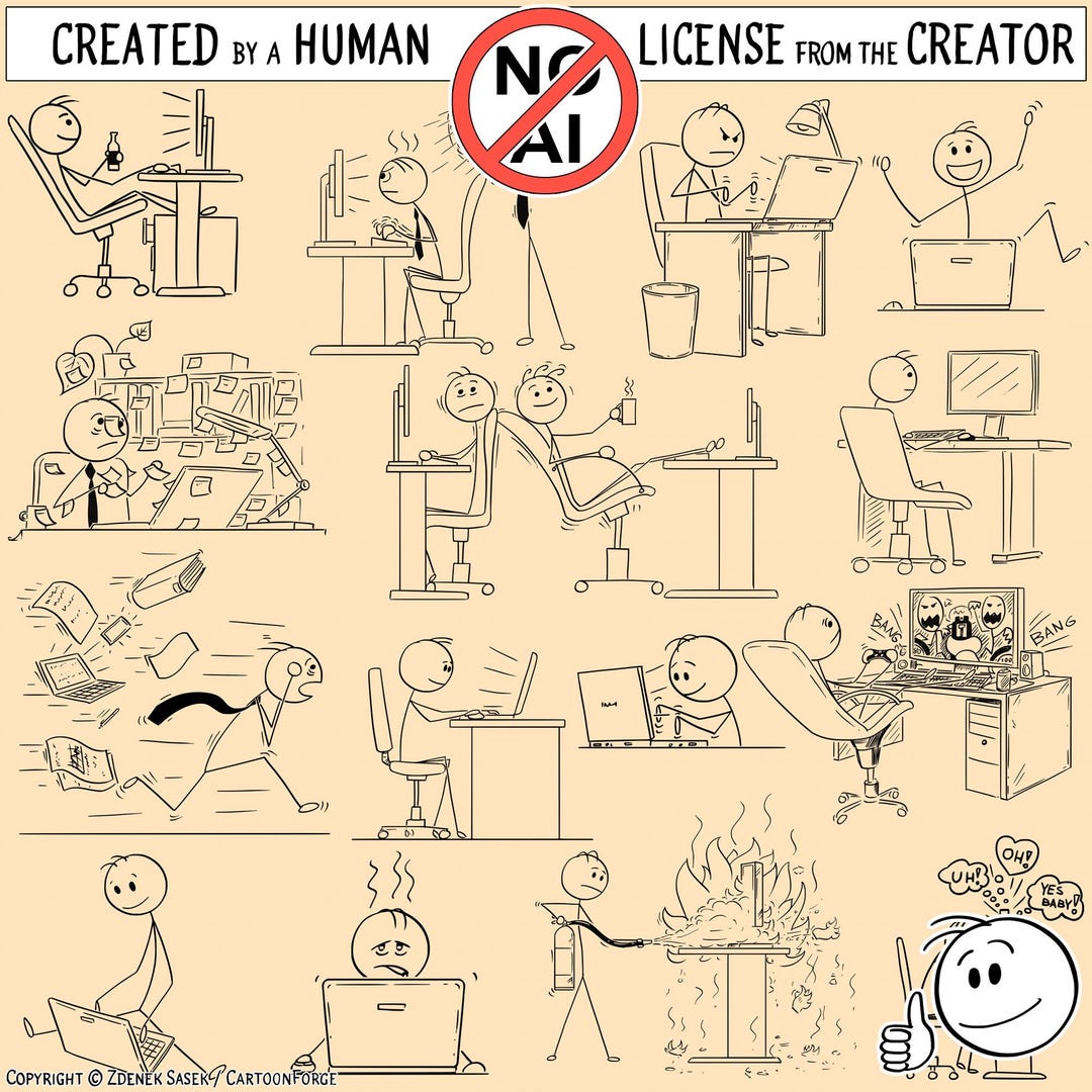 Stick Figure Office Clipart, Stickman Characters, Working on Computer ...