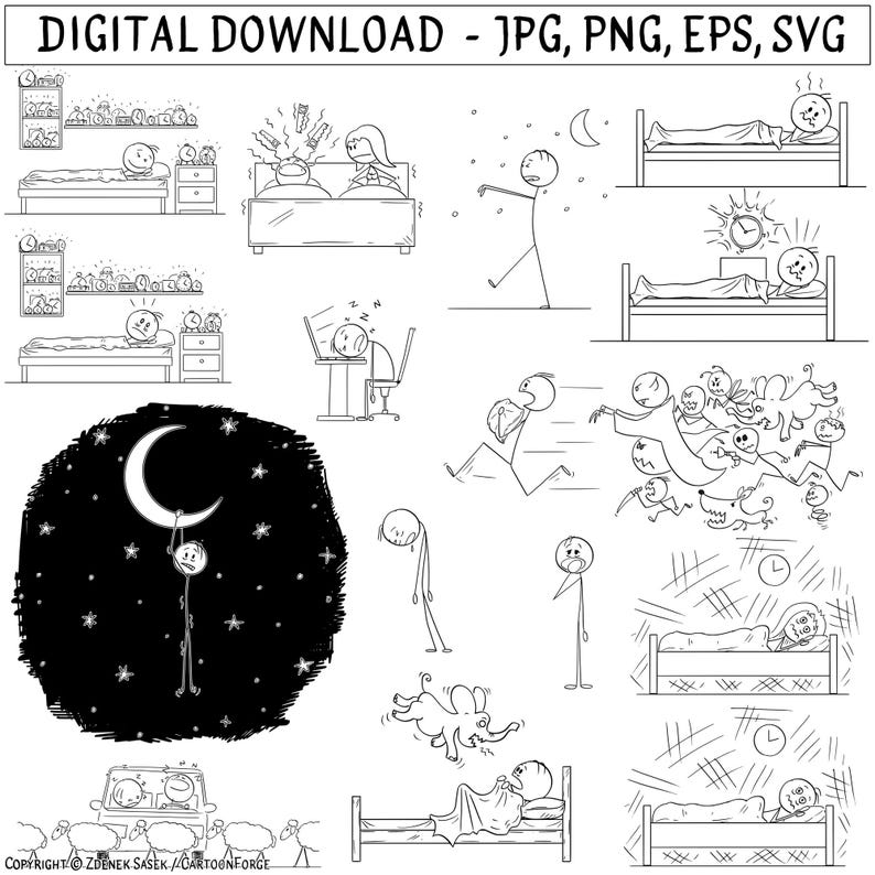 Sleeping Stick Figure Clipart:tired or Sleep EPS, SVG, JPG (digital ...