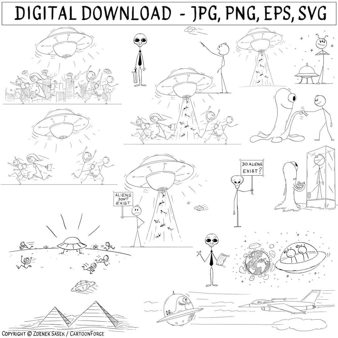 Alien UFO Invasion Stick Figure Clipart: Space Invaders in Flying ...