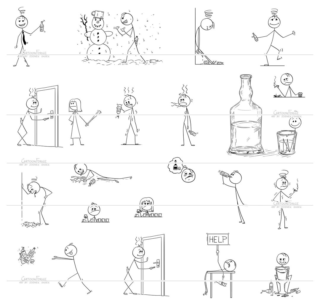 Drunkenness, Alcohol, Alcoholism, Drunk, Stick Character or Figure, Set ...