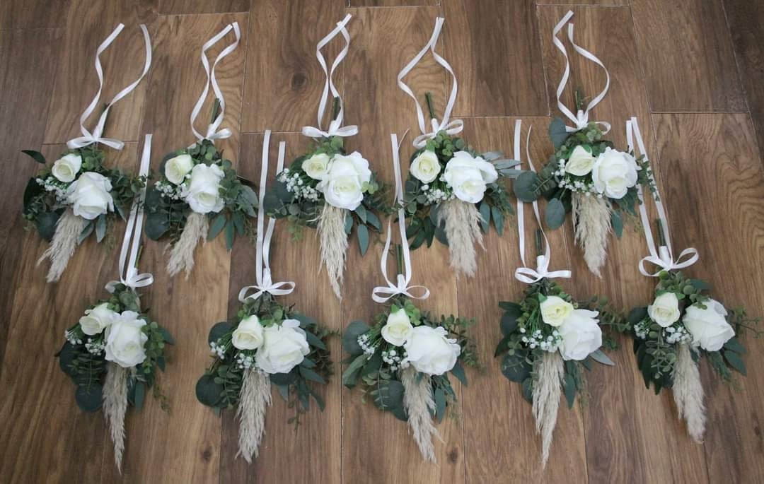 Pew Ends Wedding Chair Flowers Pampas Artificial Roses Eucalyptus ...