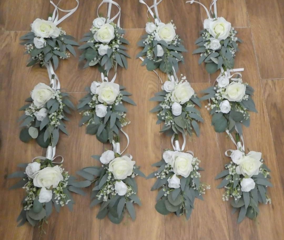 Pew Ends Wedding Chair Flowers Artificial Roses Eucalyptus Gypsophila ...