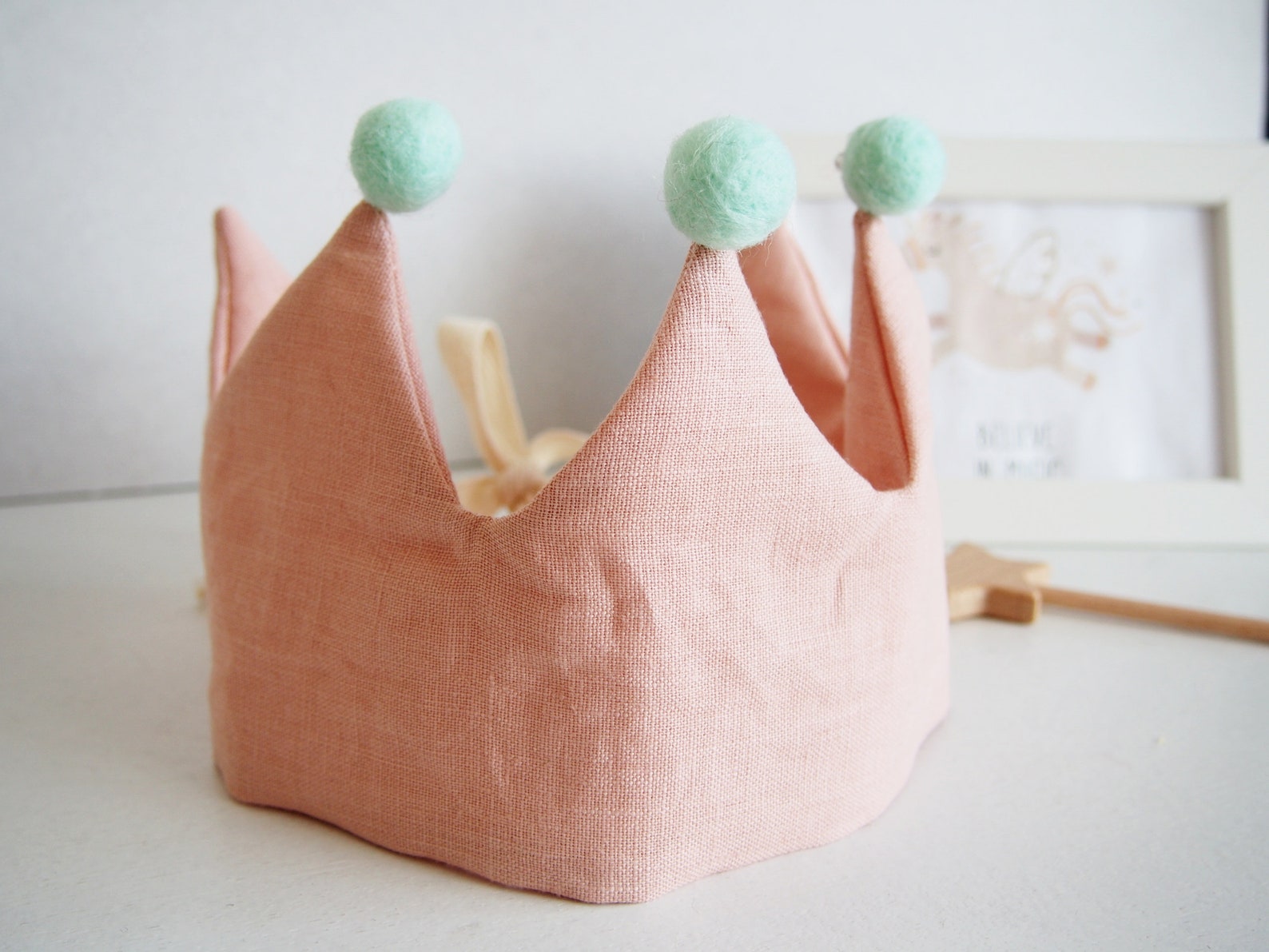 Pink Linen Crown With Mint Pompoms. Play Crown. Kids Crown for Holidays ...