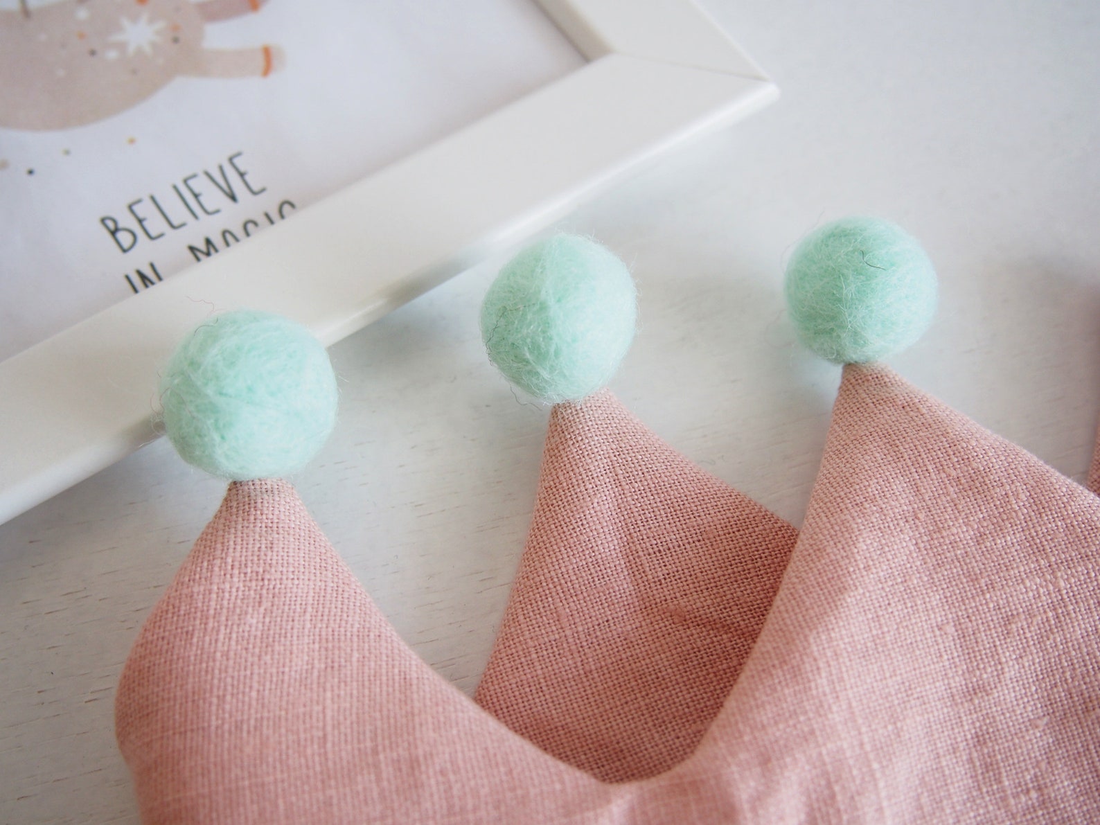 Pink Linen Crown With Mint Pompoms. Play Crown. Kids Crown for Holidays ...
