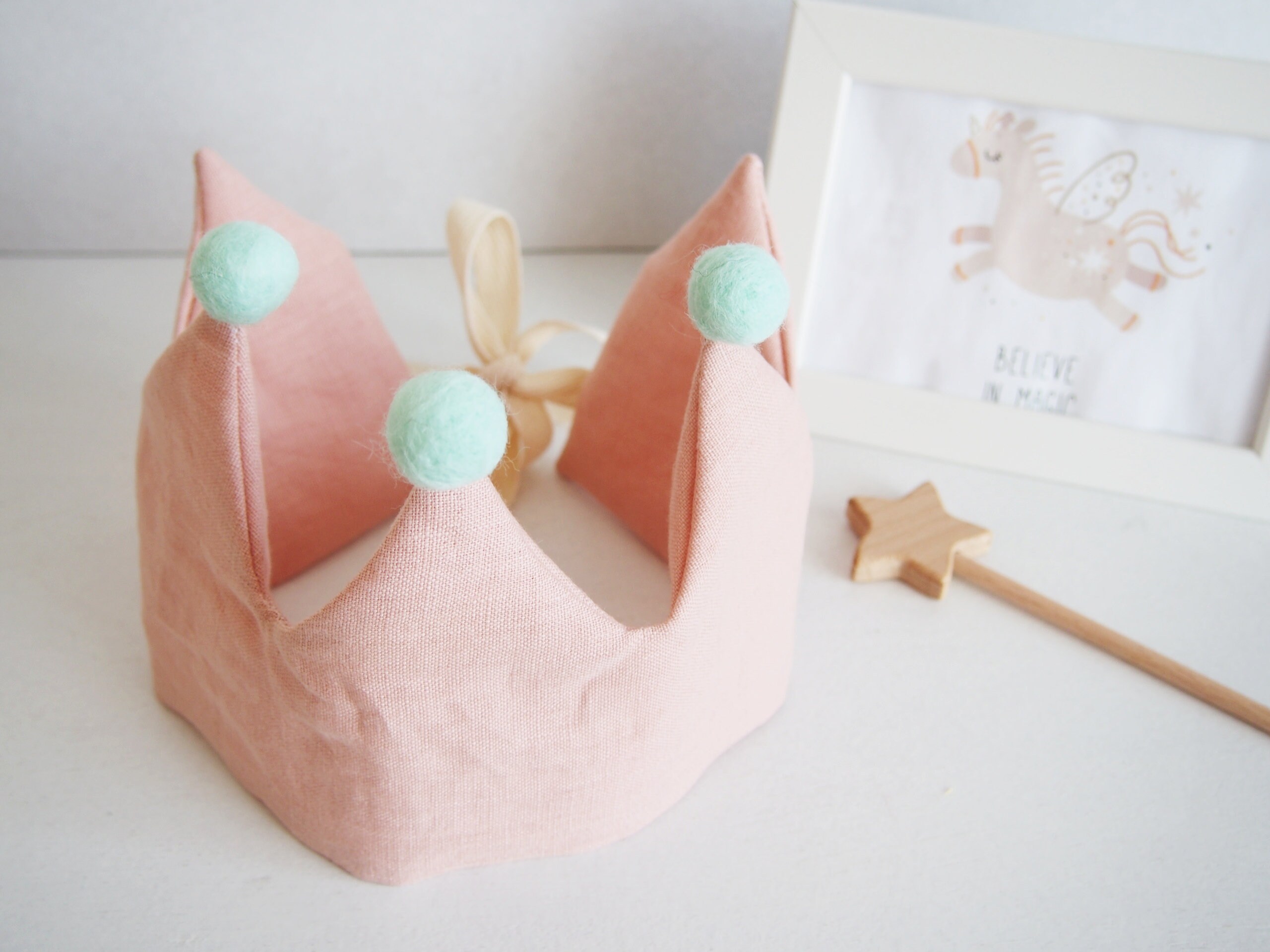 Pink Linen Crown With Mint Pompoms. Play Crown. Kids Crown for Holidays ...