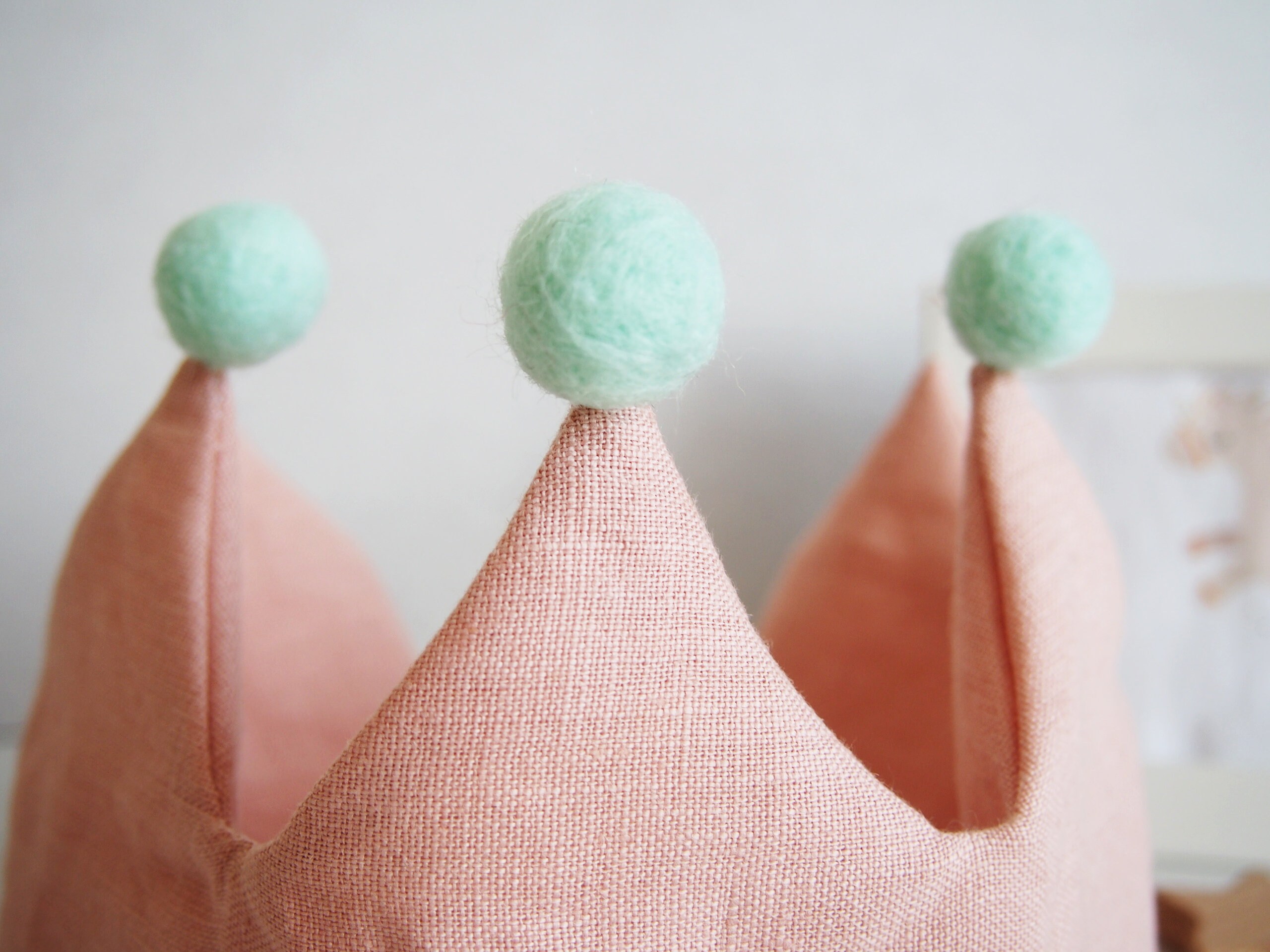 Pink Linen Crown With Mint Pompoms. Play Crown. Kids Crown for Holidays ...