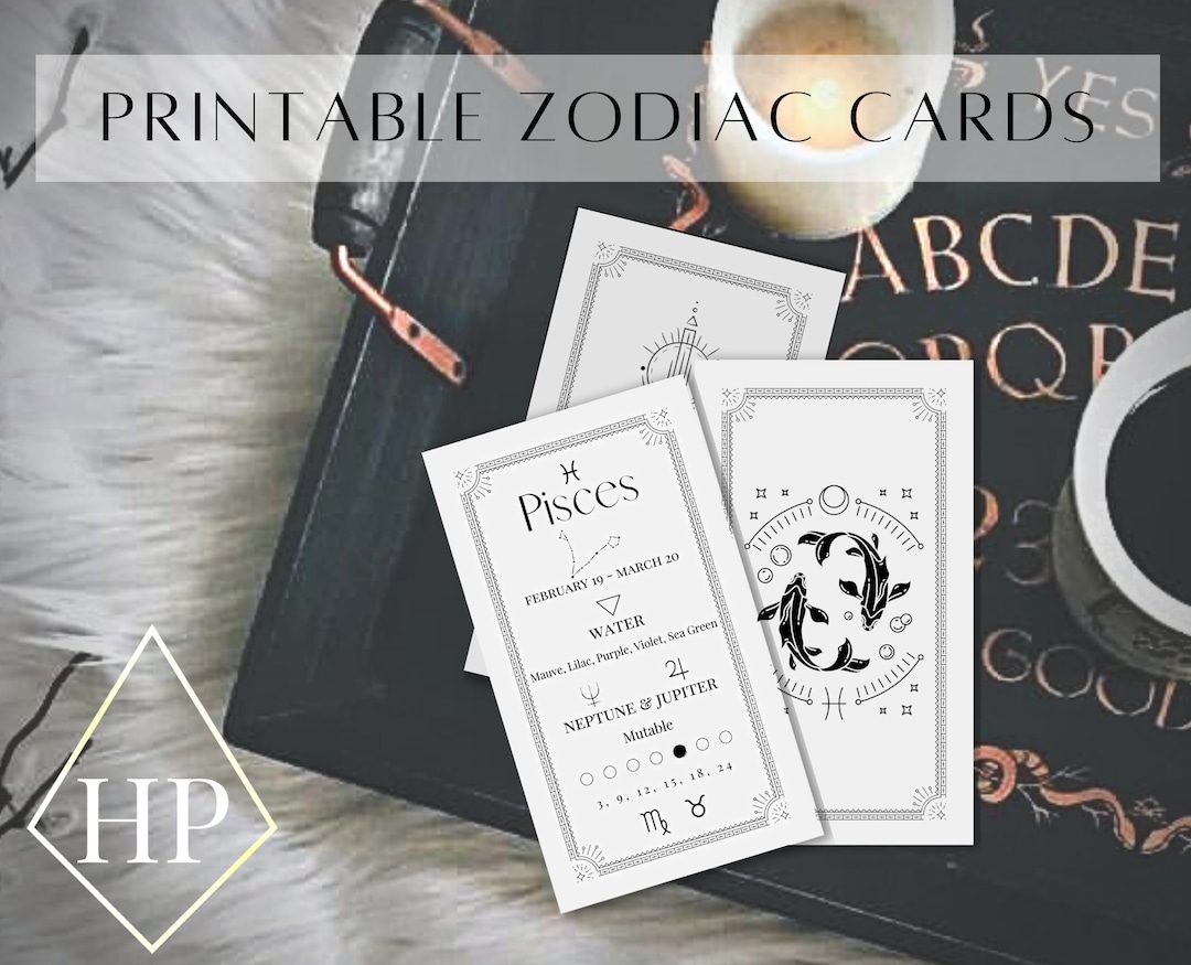 BLACK on White Printable Zodiac Cards, Informational Reference, Instant ...