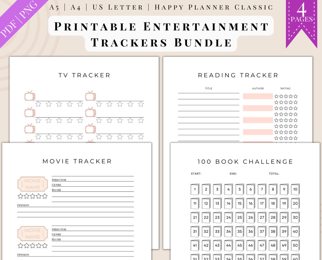 Printable Planner Insert Entertainment Tracker Bundle, Book List, TV ...