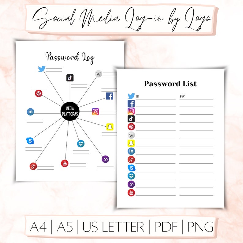 Printable Social Media Password Keeper, Log-in Tracker, Password List ...