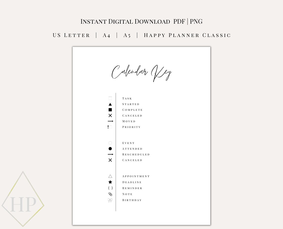 Digital Planner Calendar Key Page, Planner Index, Bullet Journal Key ...