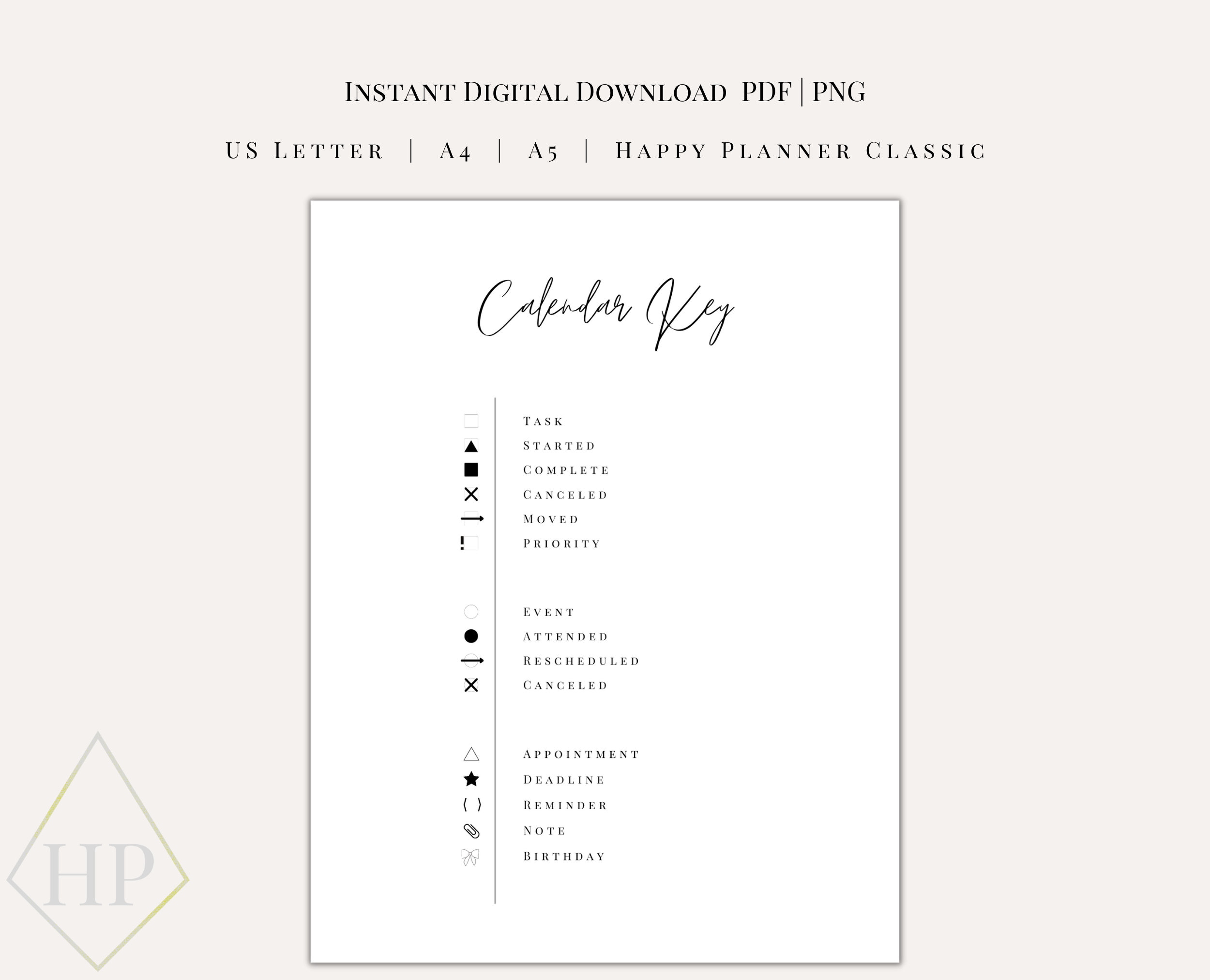 Planner Calendar Key Page Printable, Bullet Journal Legend, Planner ...