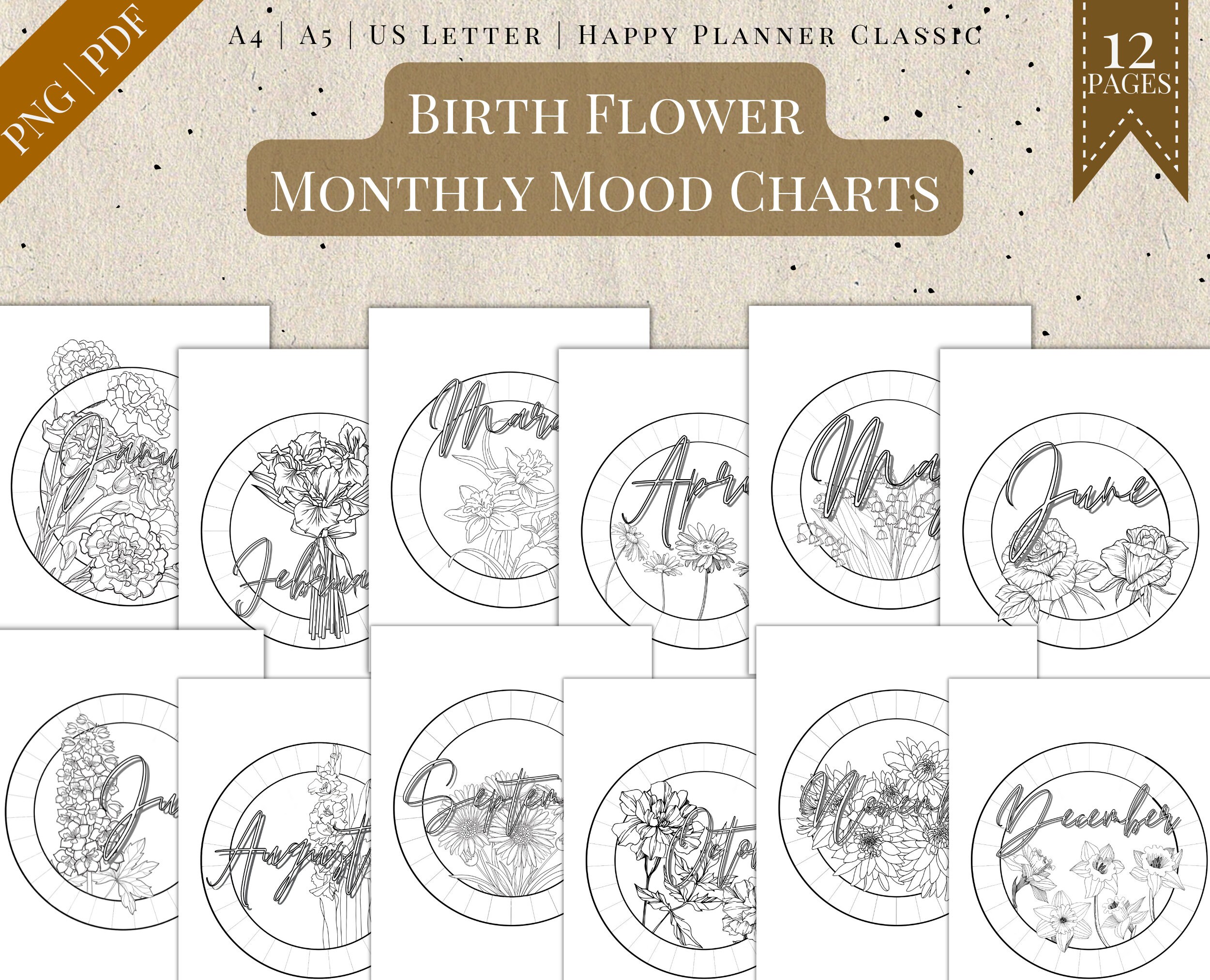 Printable Birth Flower Monthly Mood Chart Bundle, January - December ...