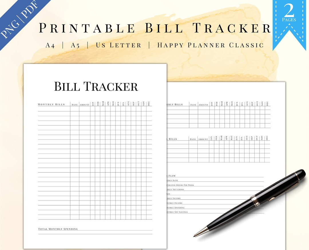 Printable Bill Tracker Page for Planner, US Letter, A4, A5, Insert ...