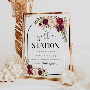 Selfie Station Sign Template, Boho Dusty Pink Burgundy Floral Wedding ...