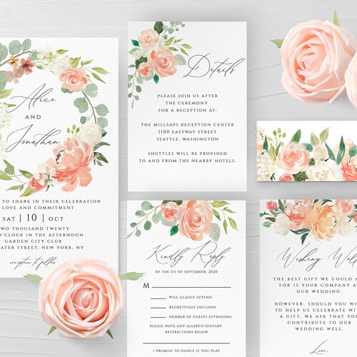 Peach Wedding Invitation Floral Wedding Invitation Template - Etsy