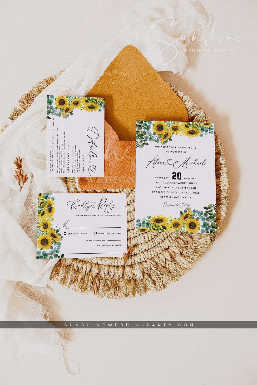 Sunflower Eucalyptus Wedding Invitation Set Template, Printable ...