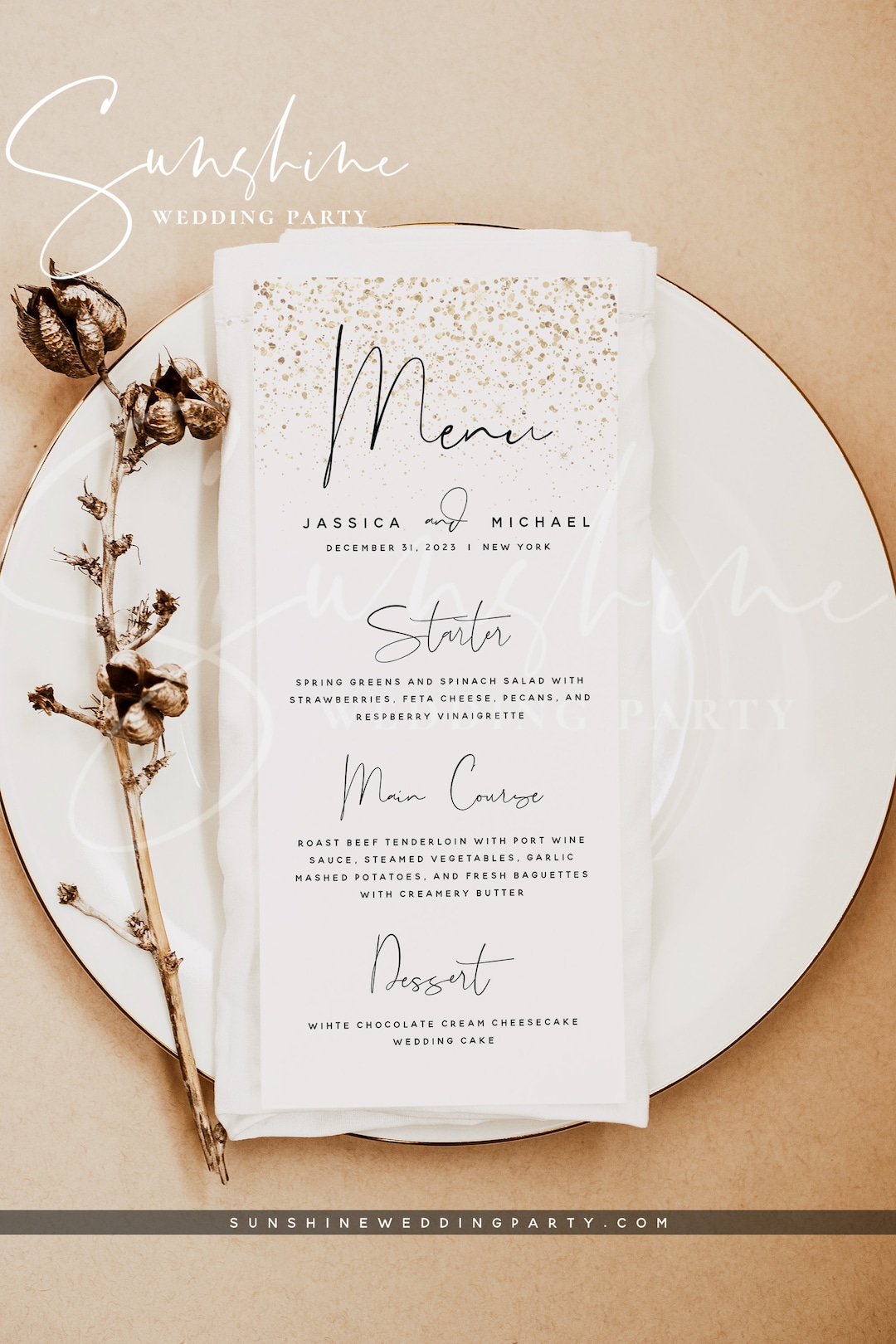Gold Wedding Menu Template, Printable Modern Menu Template, Editable ...