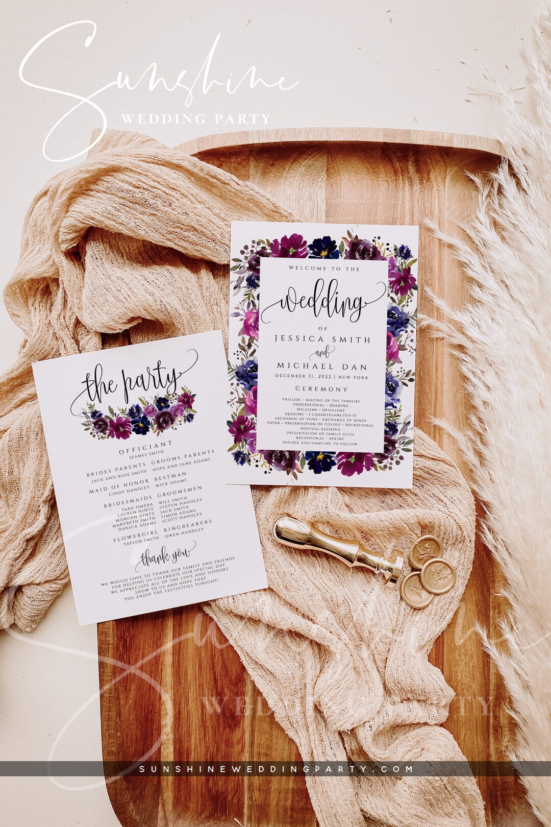 Blue & Purple Wedding Program Template, Floral Printable Program Cards ...