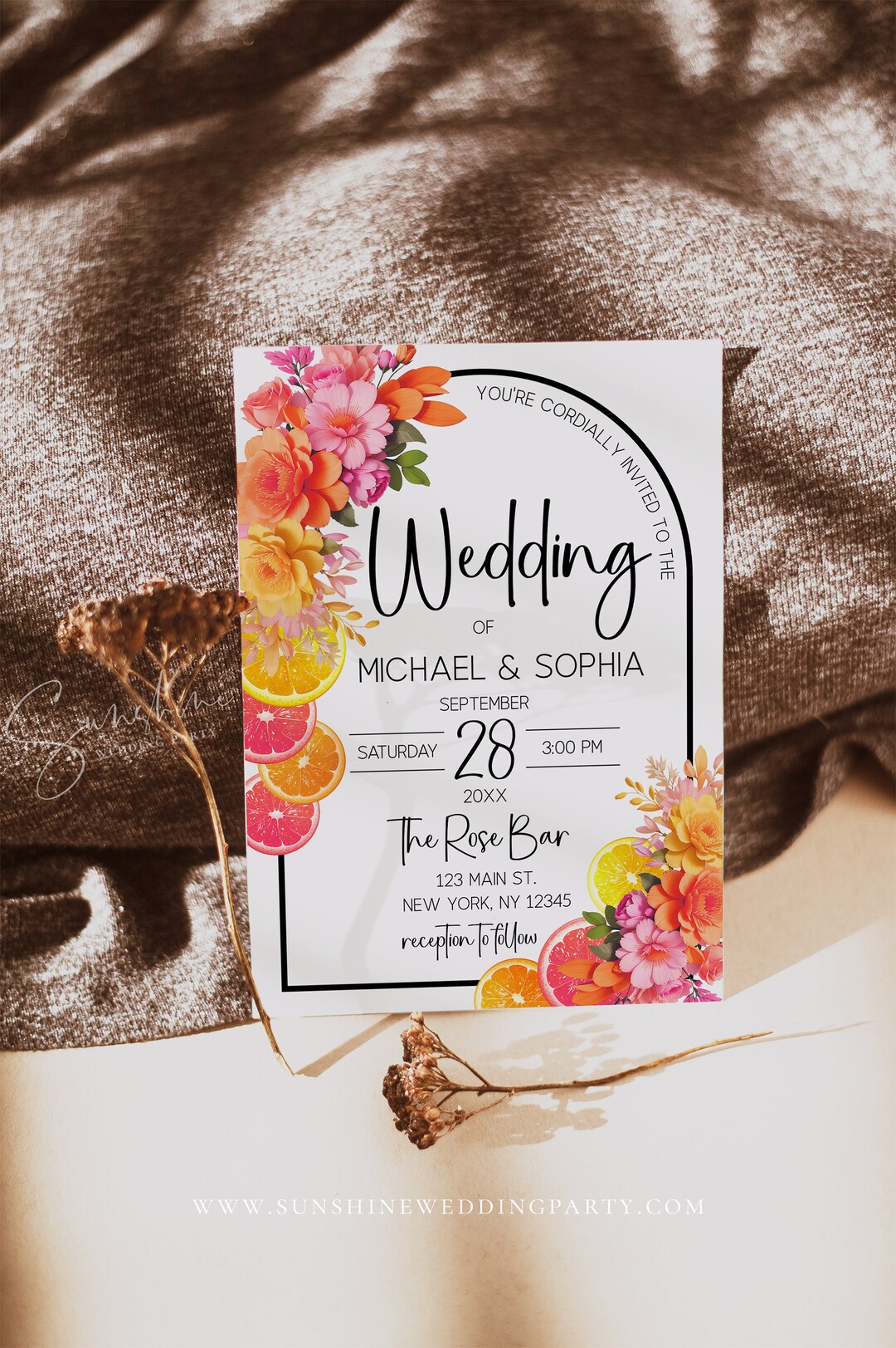 Citrus Wedding Invitation Template, Bright Floral Wedding, Hot Pink ...