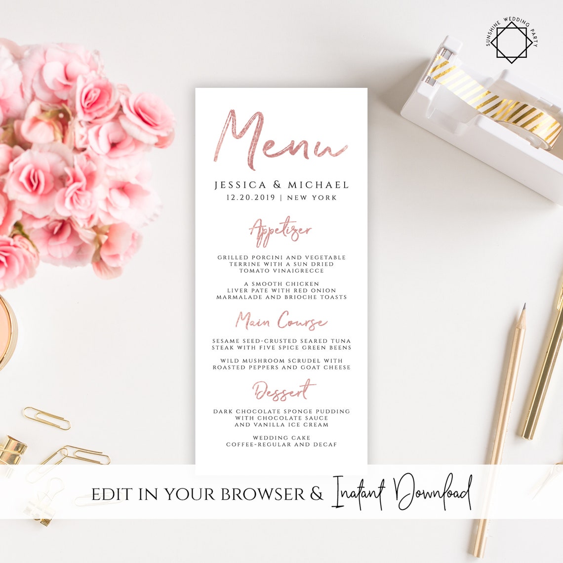 Rose Gold Wedding Menu Template Printable Flat Long Menu Template ...