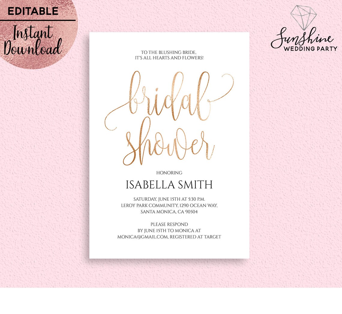 Gold Foil Script Font Bridal Shower Invitation Template | Etsy