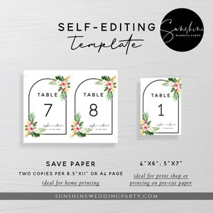 Hawaiian Wedding Table Numbers Template, Table Number Cards, Wedding ...