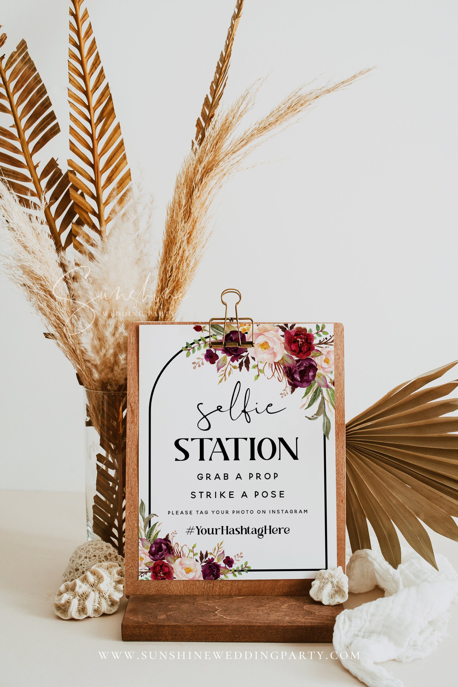 Selfie Station Sign Template, Boho Dusty Pink Burgundy Floral Wedding ...