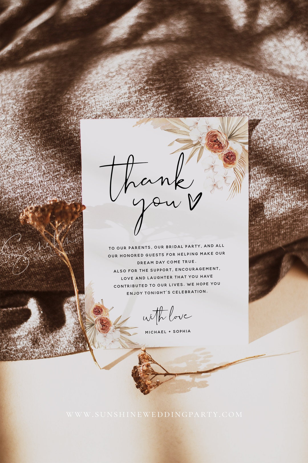 Terracotta Thank You Card Template, Pampas Grass, Floral Thank You ...