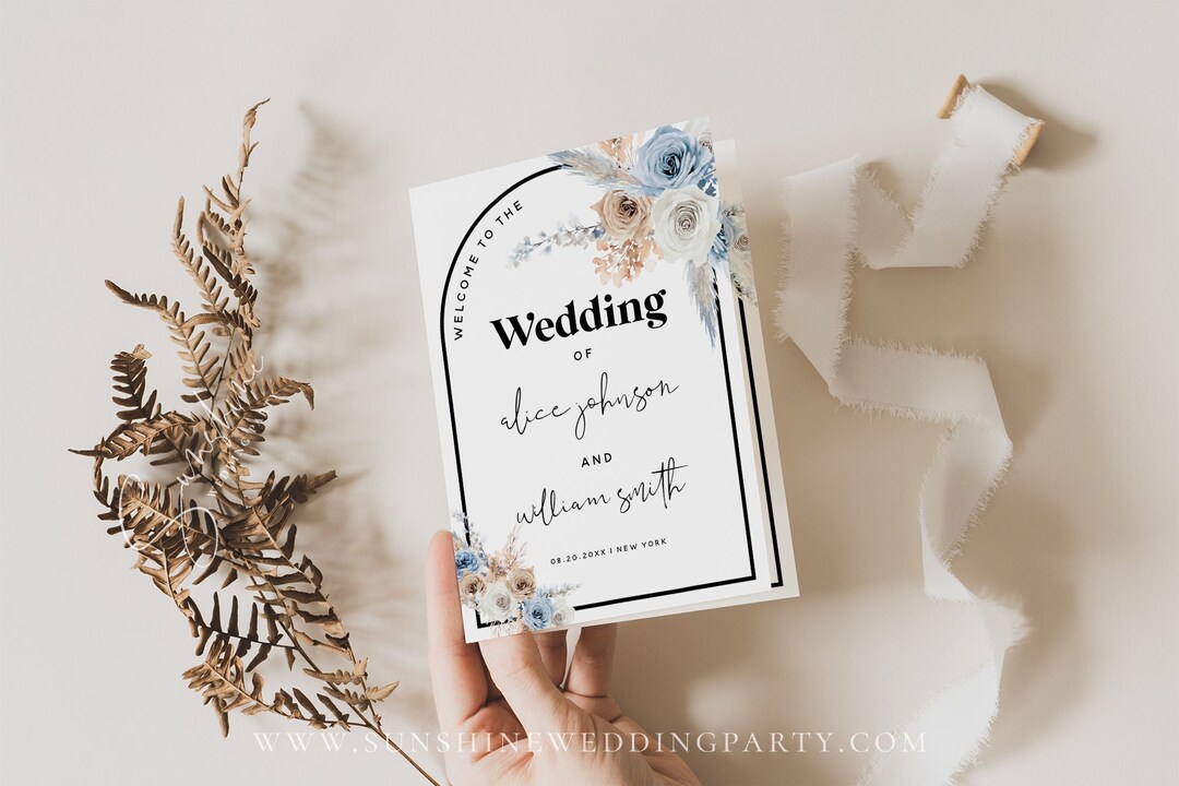 Folded Program Card Template, Dusty Blue Champagne Floral Wedding, Boho ...