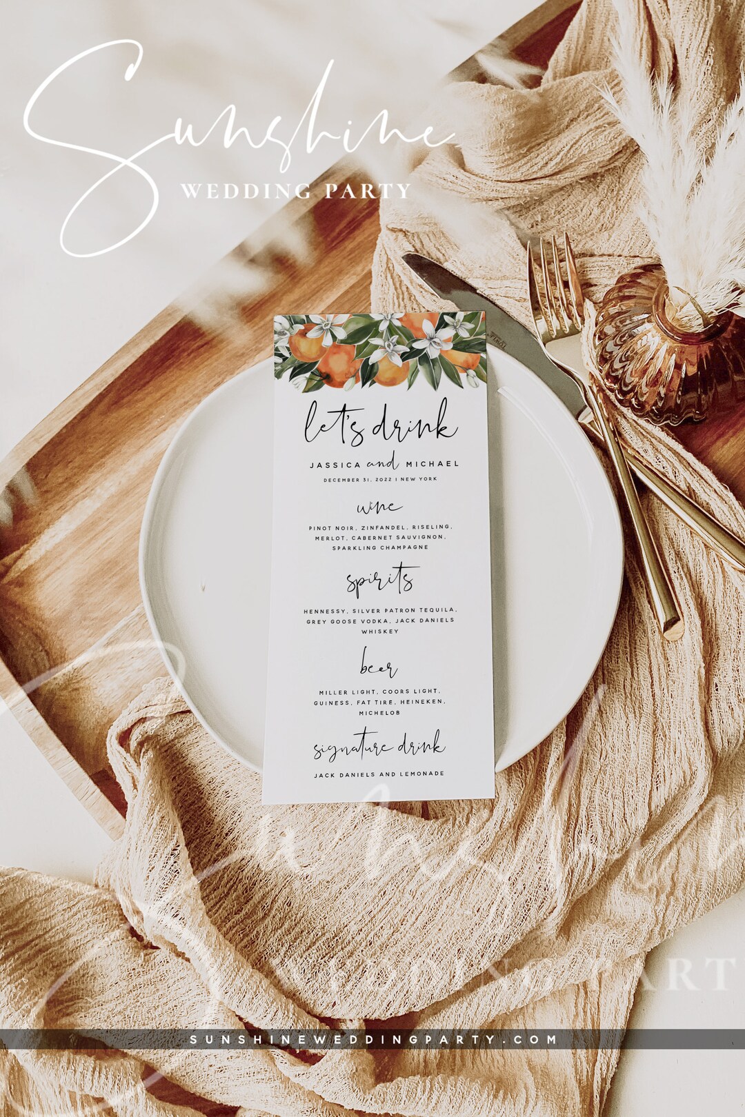Citrus Wedding Drink Menu Template, DIY Orange Wedding Drink Menu ...