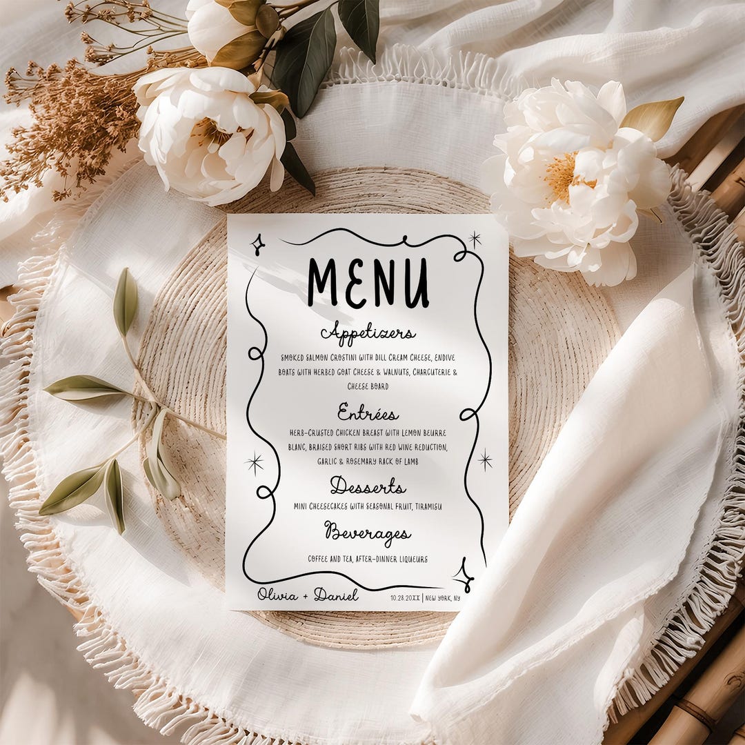 Printable Whimsical Menu | Minimalist Wedding Reception Menu Card ...