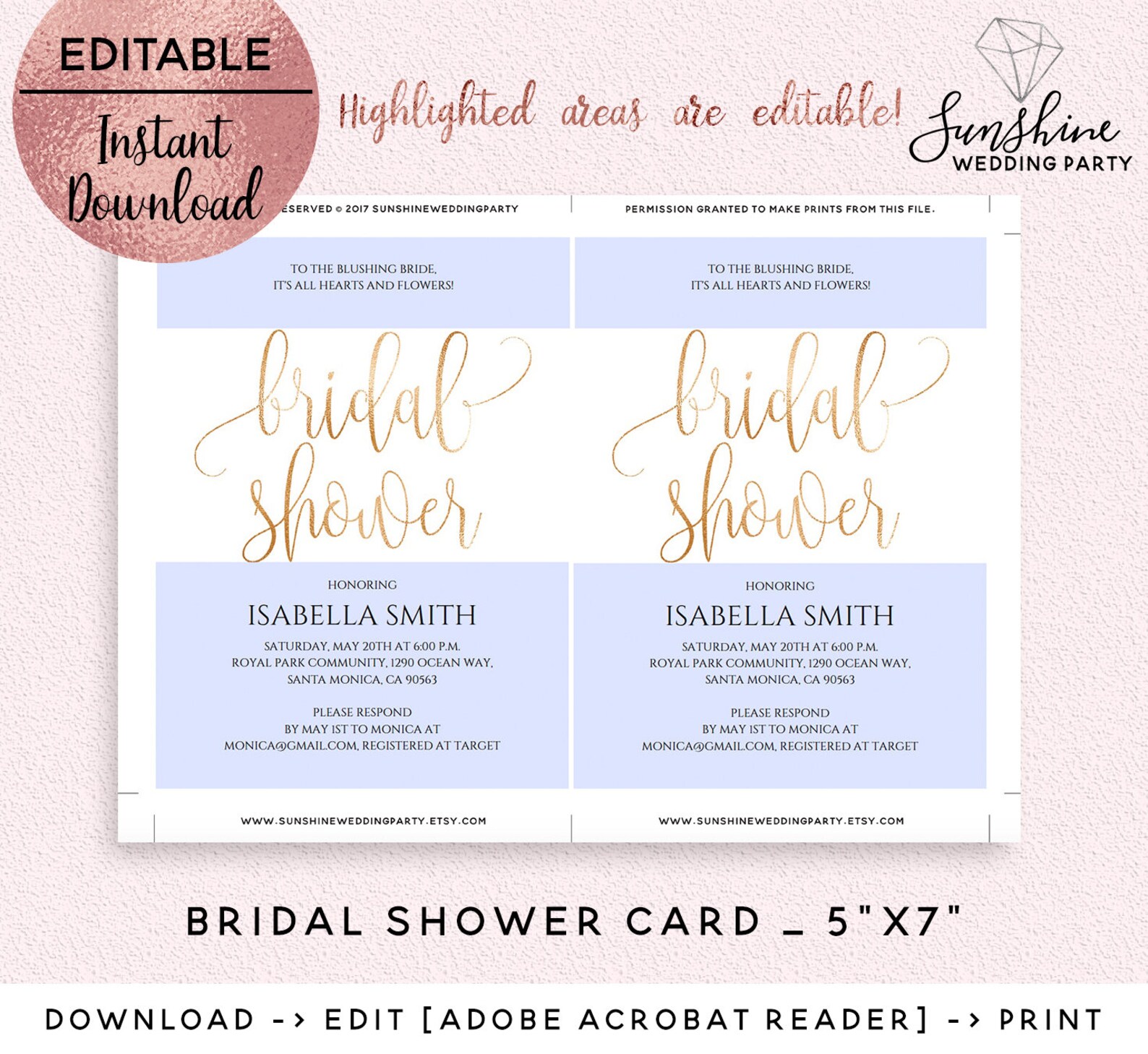 Gold Foil Script Font Bridal Shower Invitation Template | Etsy