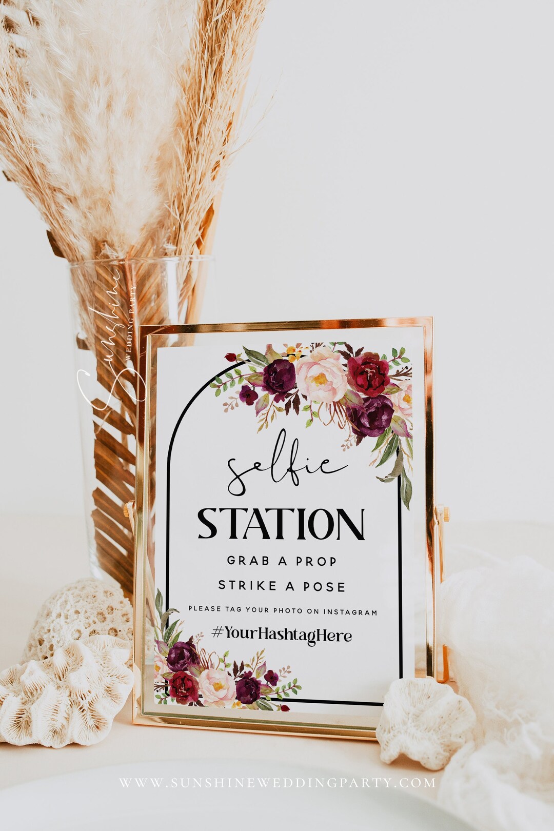 Selfie Station Sign Template, Boho Dusty Pink Burgundy Floral Wedding ...