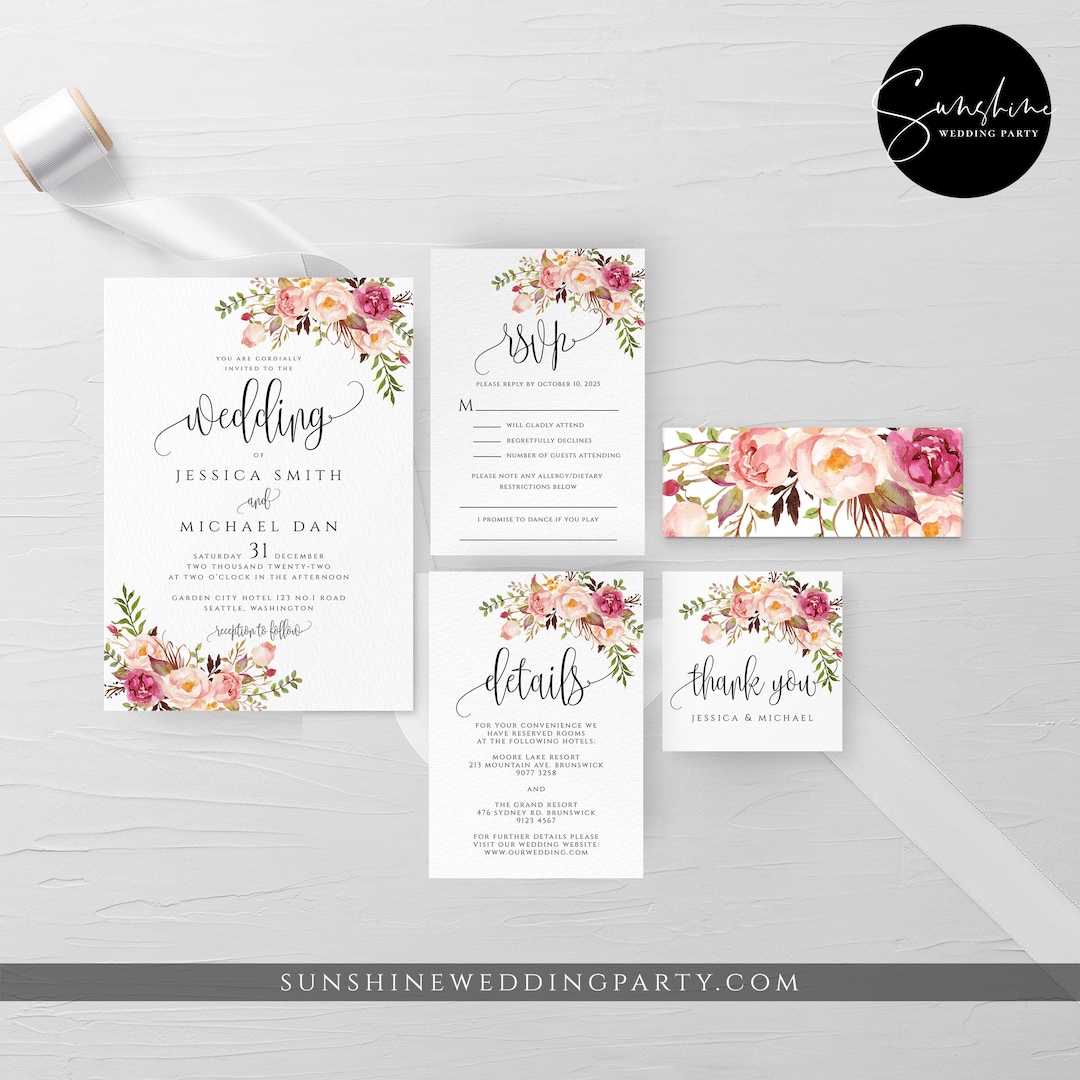 Marsala Wedding Invitation Suite Template, Floral Wedding Invitation ...
