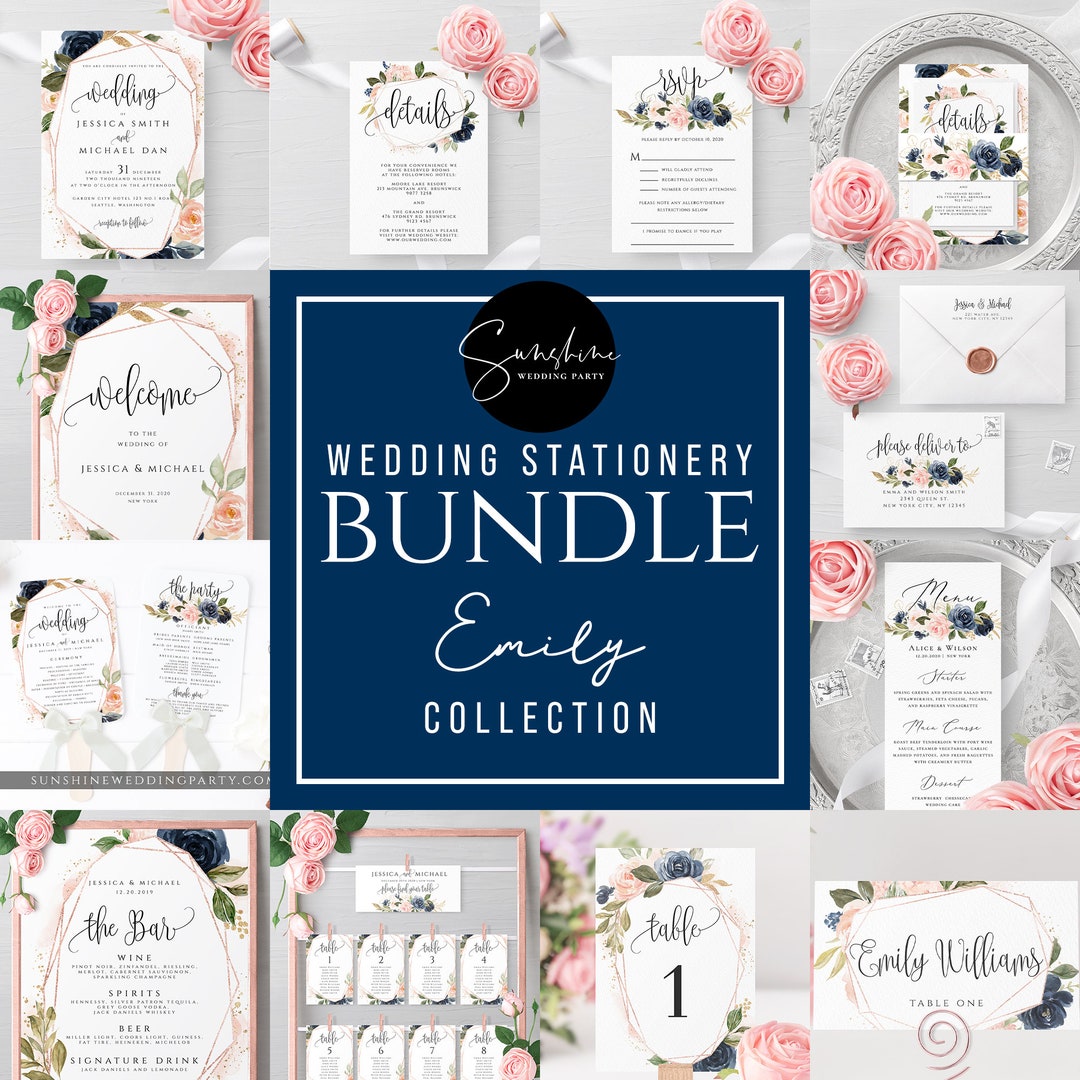 Wedding Bundle Templates, Navy Blush Floral, Wedding Stationery ...