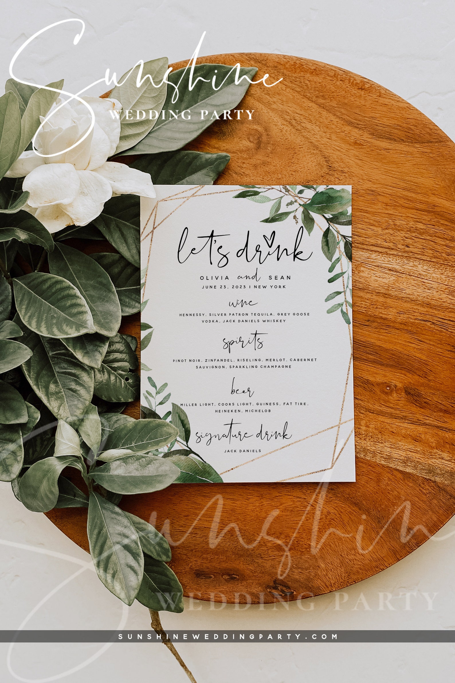 Greenery Wedding Drink Menu Card Template Printable Greenery | Etsy