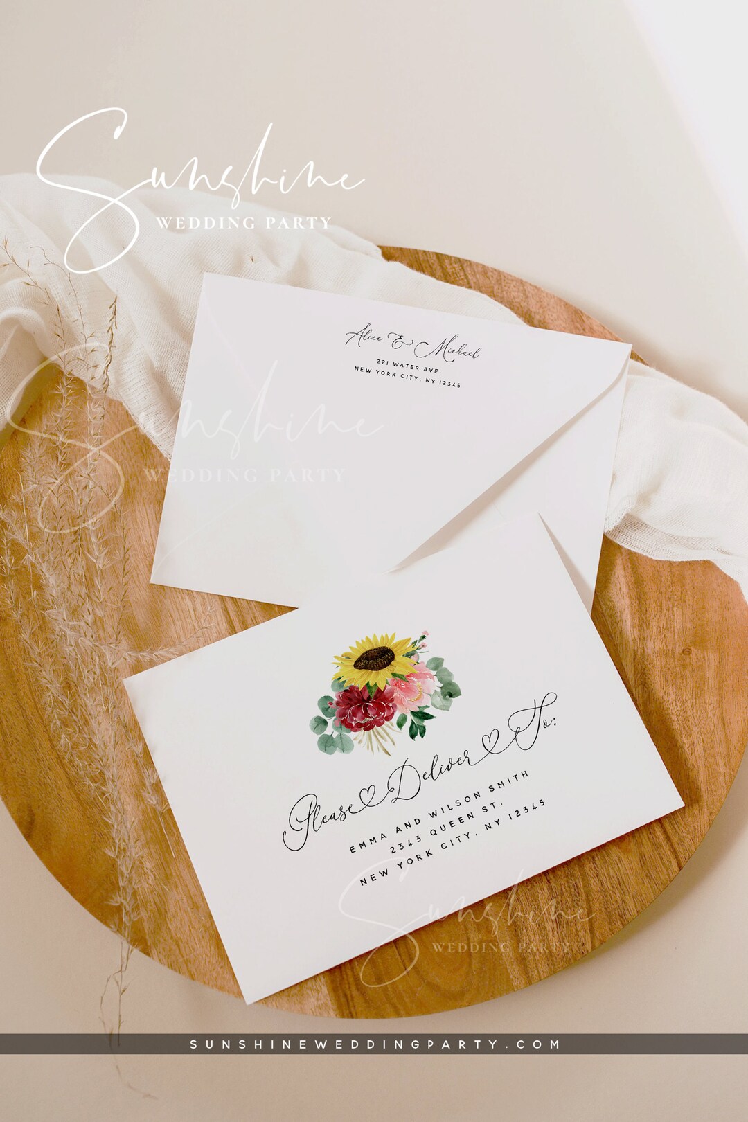 Sunflower Burgundy Envelope Template Wedding Editable DIY Printable ...