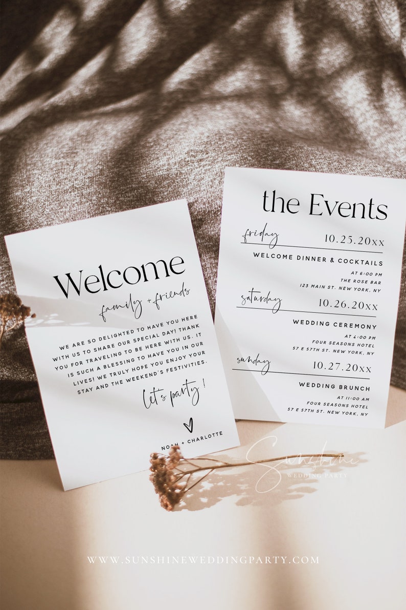 Wedding Weekend Events Itinerary Card Template, Modern Minimalist ...