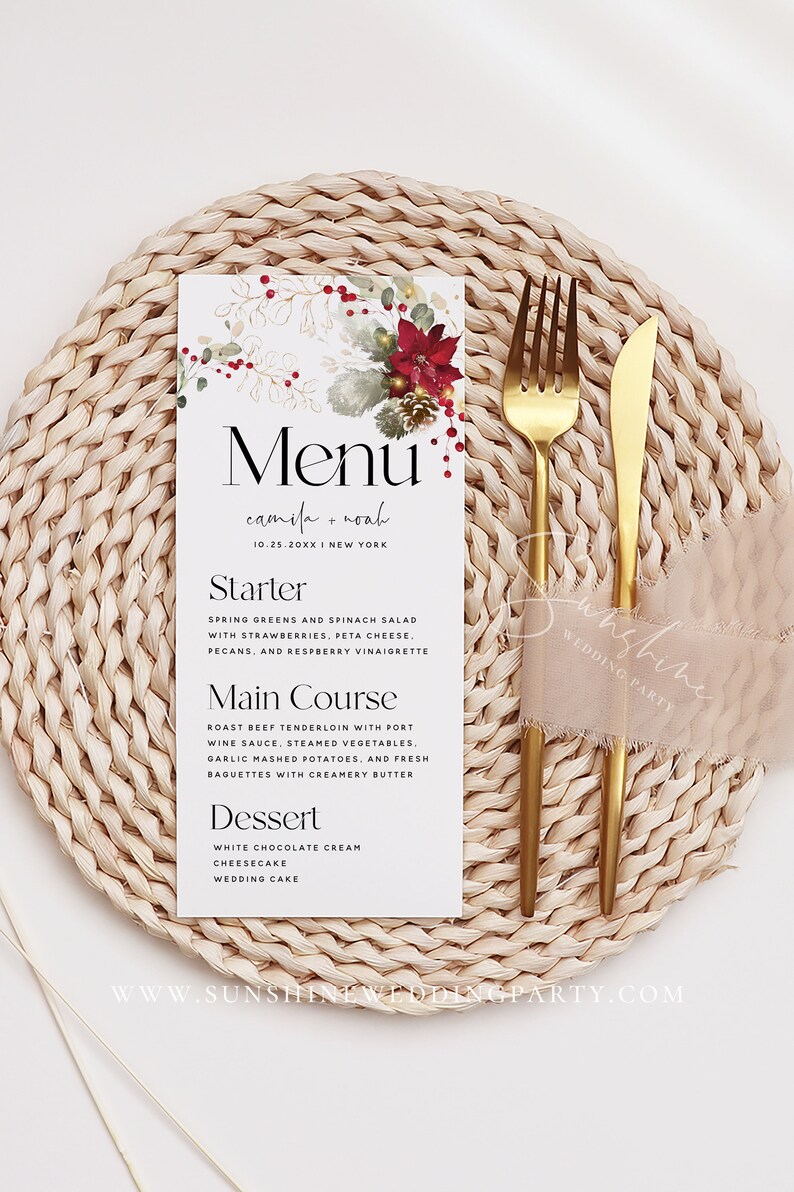 Christmas Menu Template Long Menu Cards for Wedding Bridal - Etsy