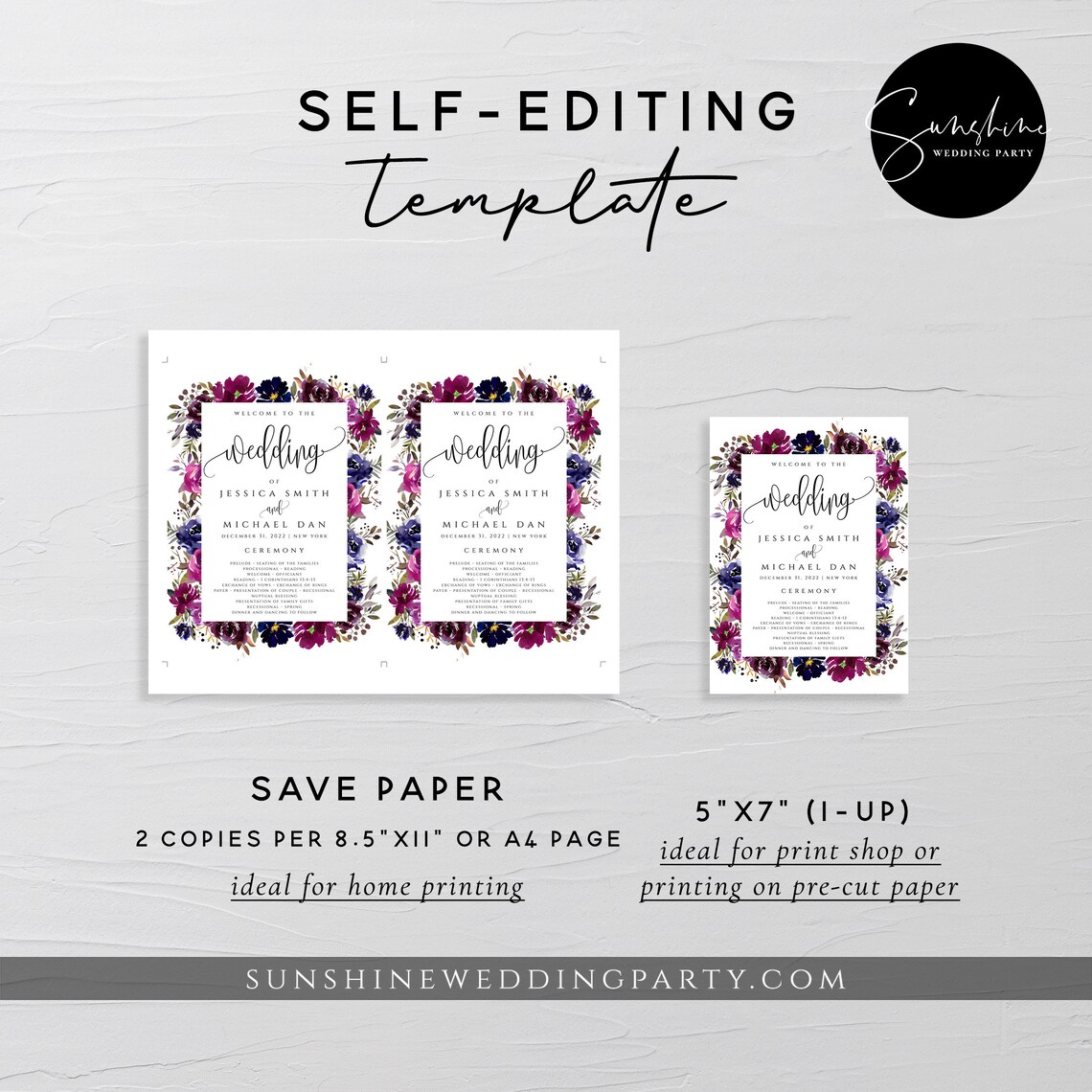 Blue & Purple Wedding Program Template, Floral Printable Program Cards ...