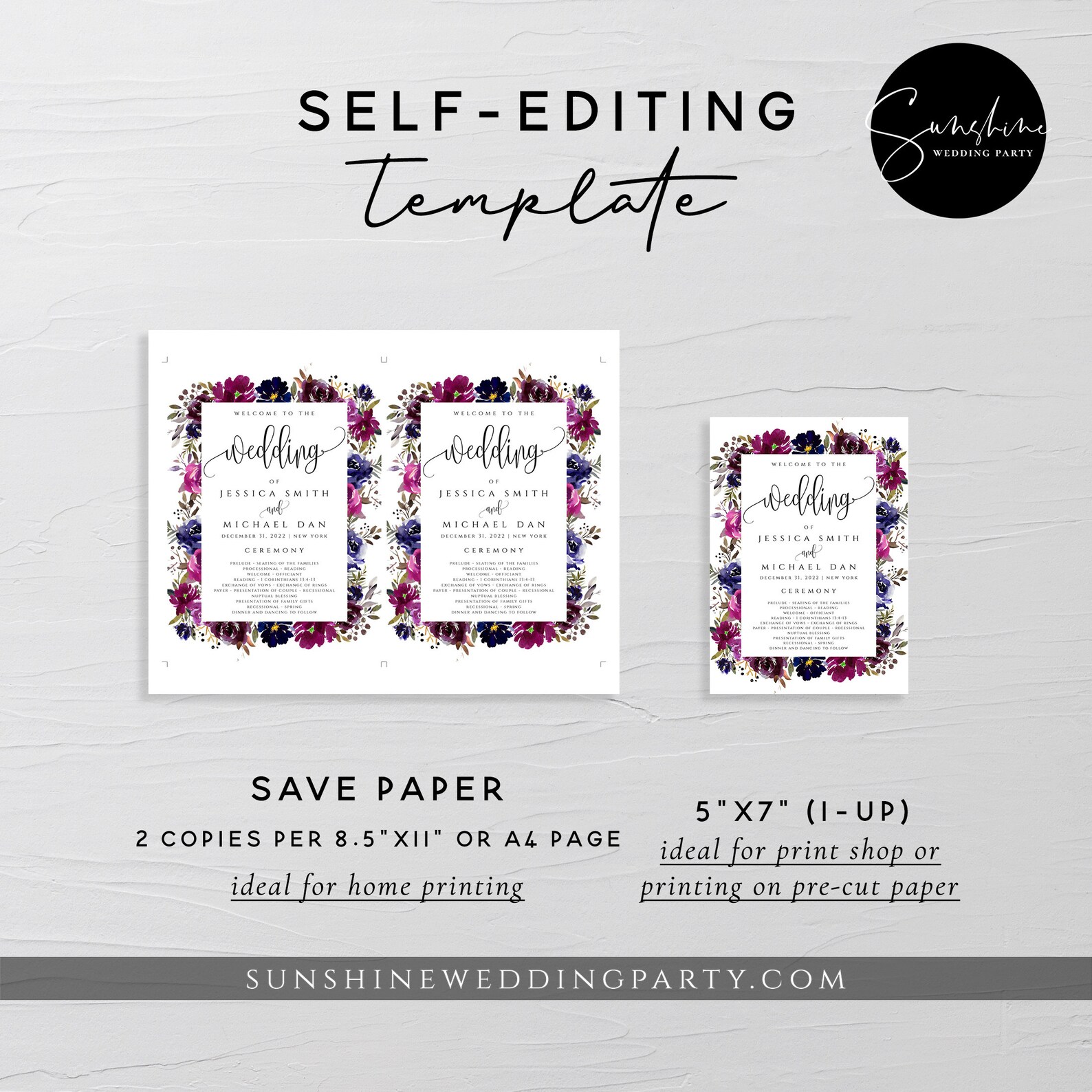 Blue & Purple Wedding Program Template, Floral Printable Program Cards ...