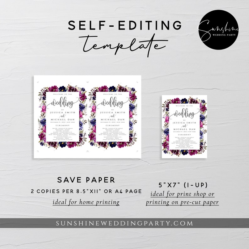 Blue & Purple Wedding Program Template Floral Printable - Etsy
