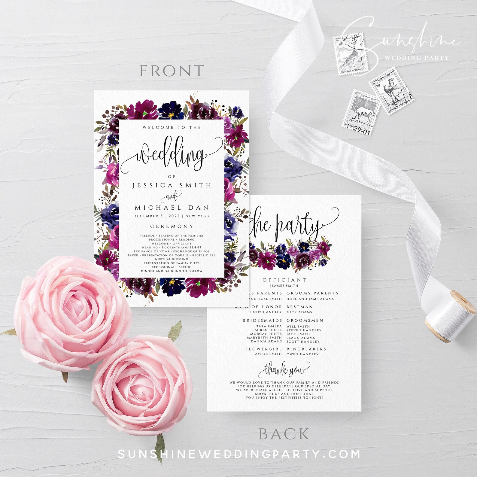 Blue & Purple Wedding Program Template, Floral Printable Program Cards ...
