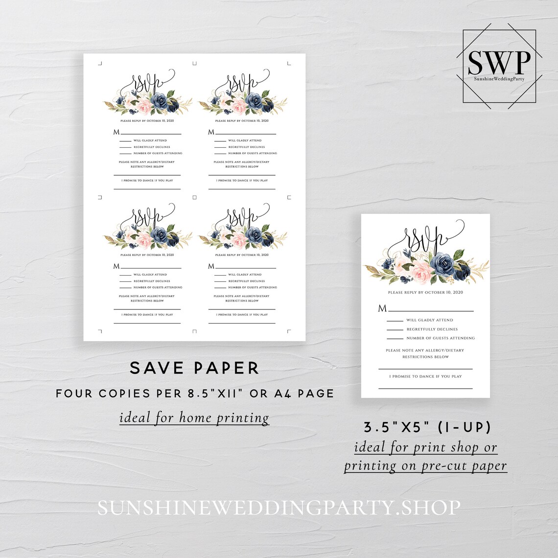 Navy Blush Wedding Invitation PSVP Template Editable Printable | Etsy