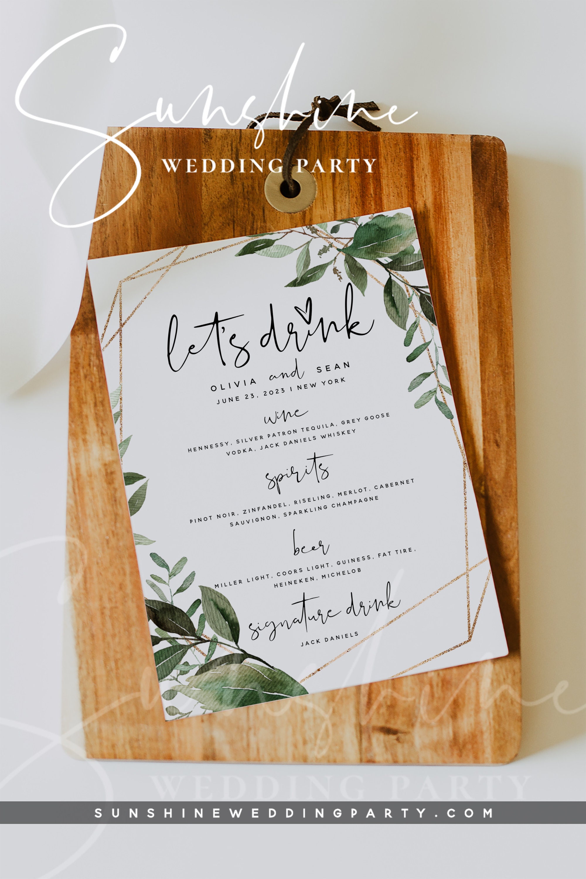 Greenery Wedding Drink Menu Card Template Printable Greenery | Etsy