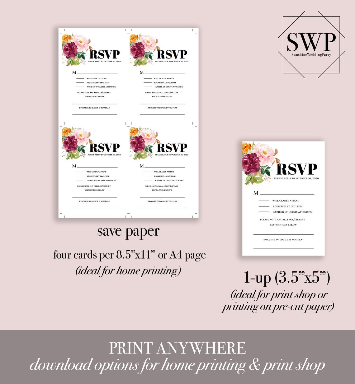 Wedding Invitation PSVP Template Burnt Orange Florals Fully Editable ...