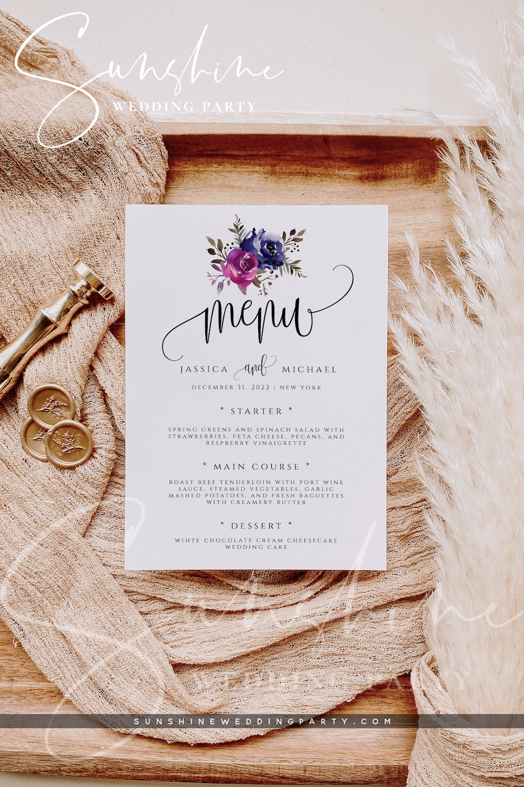 Blue & Purple Wedding Menu Template, Printable Floral Menu, Editable ...
