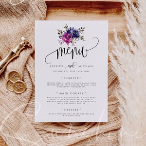 Blue & Purple Wedding Menu Template, Printable Floral Menu, Editable ...