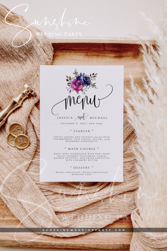 Blue & Purple Wedding Menu Template Printable Floral Menu | Etsy