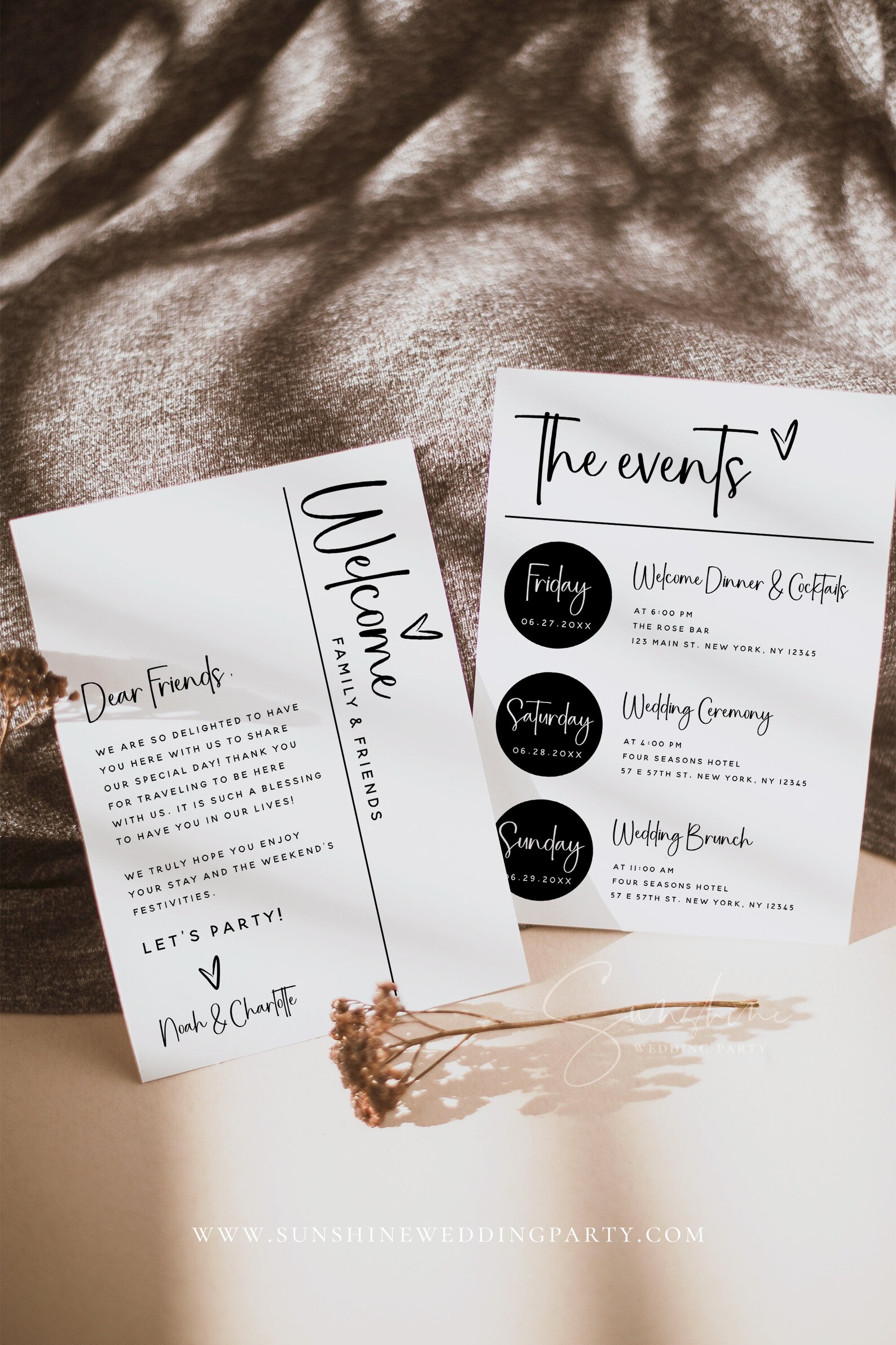 Wedding Weekend Events Itinerary Card Template, Modern Minimalist ...